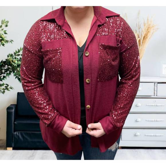 7th Ray | Tops | New 7th Ray Put Your Sparkle On Shacket In Burgundy ...